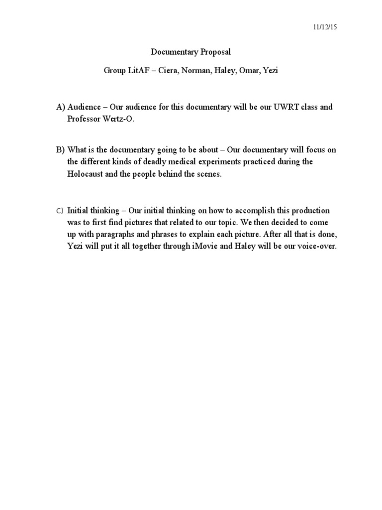 Documentary Proposal Uwrt | PDF