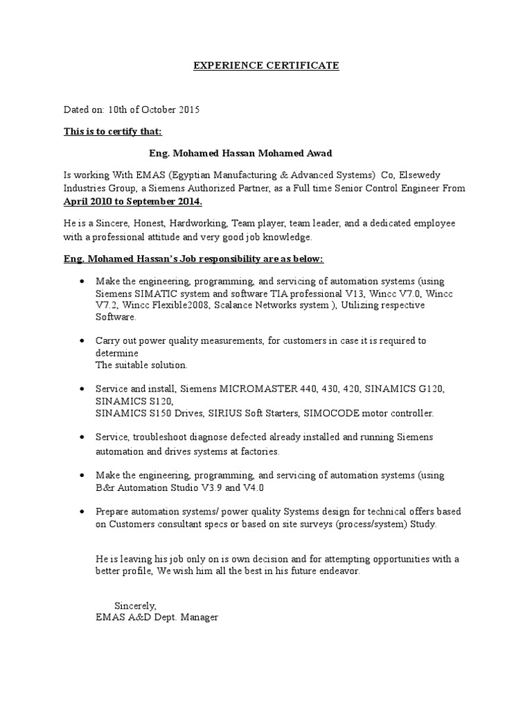 EMAS Experience Certificate | PDF | Scada | Automation