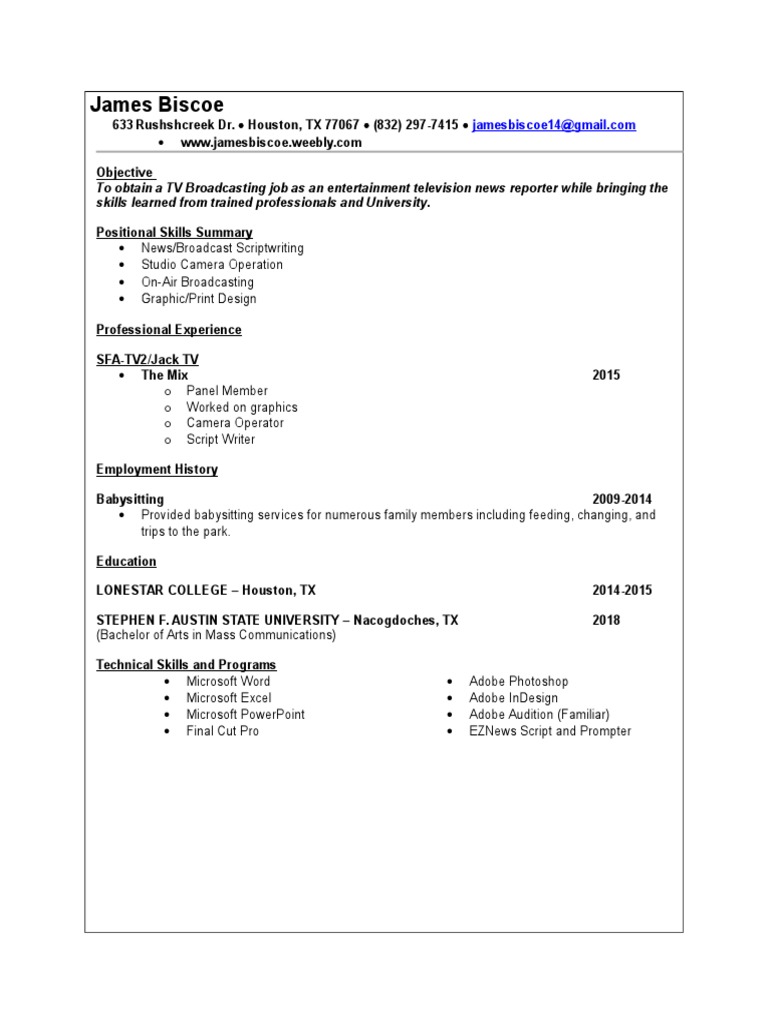 James Biscoe: TV Broadcasting Resume | PDF | Art