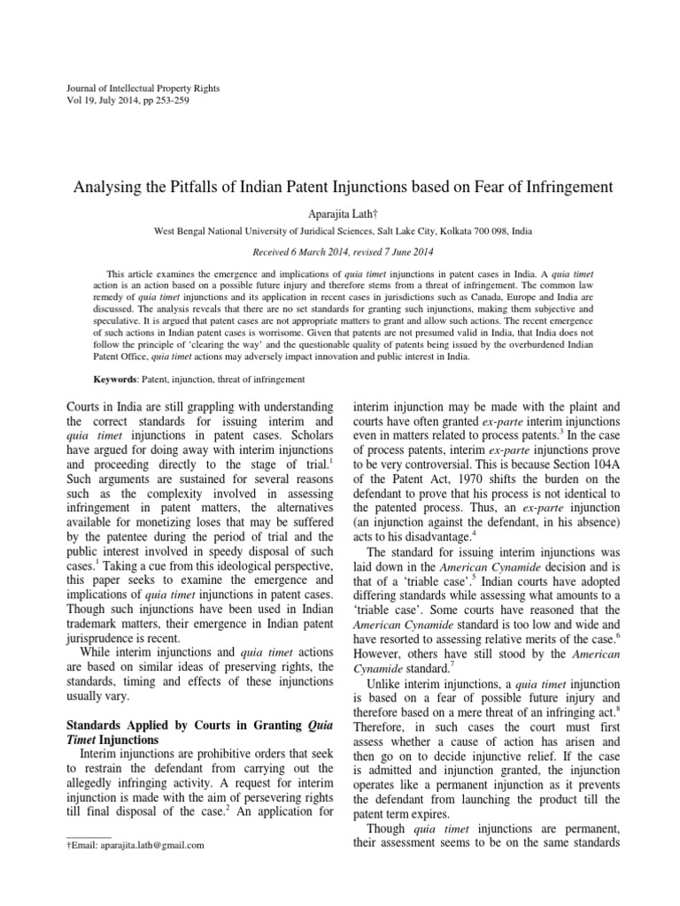 Quia Timet Injunction | PDF | Glossary Of Patent Law Terms | Patent