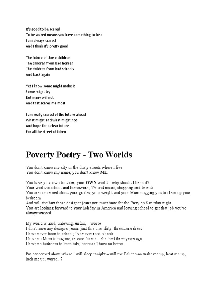 Poverty Poetry - Two Worlds | PDF | Violence | Street
