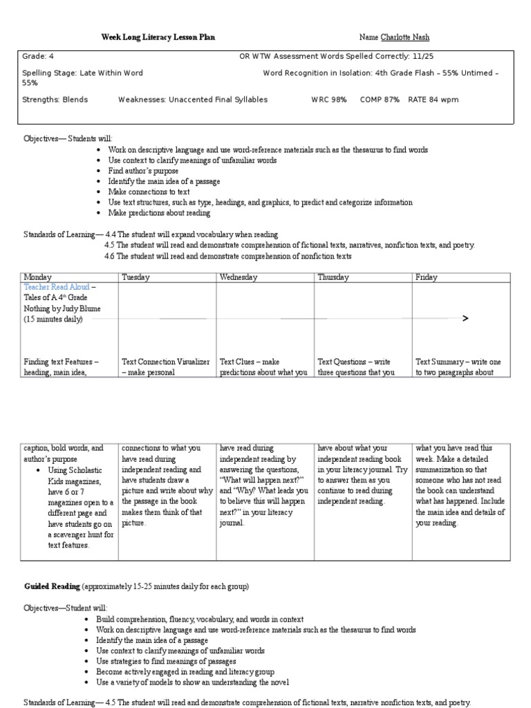 Lesson Plans For Week Long Literacy Block | PDF | Reading Comprehension ...