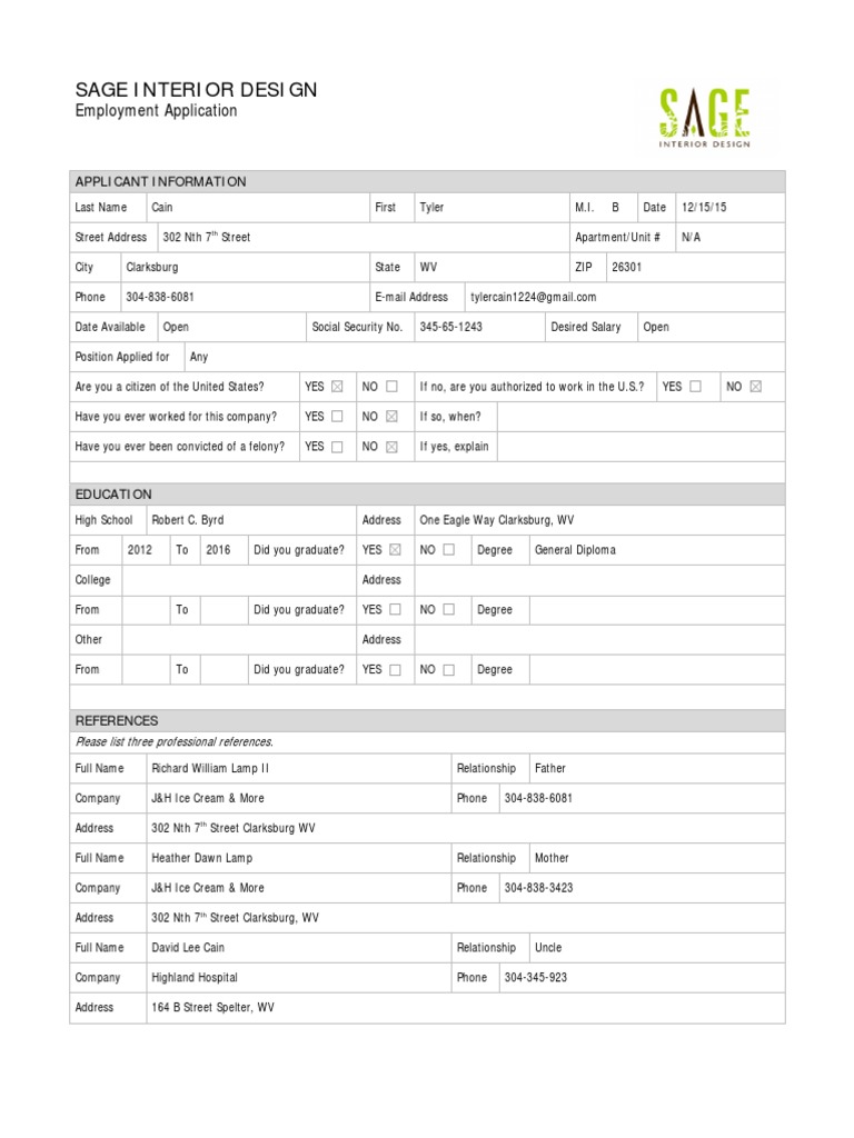SAGE Interior Design Employment Application | PDF