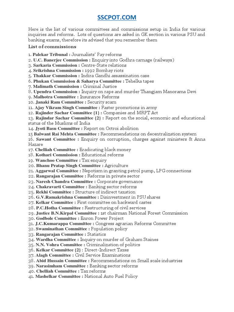 List of Various Committees and Commissions | PDF
