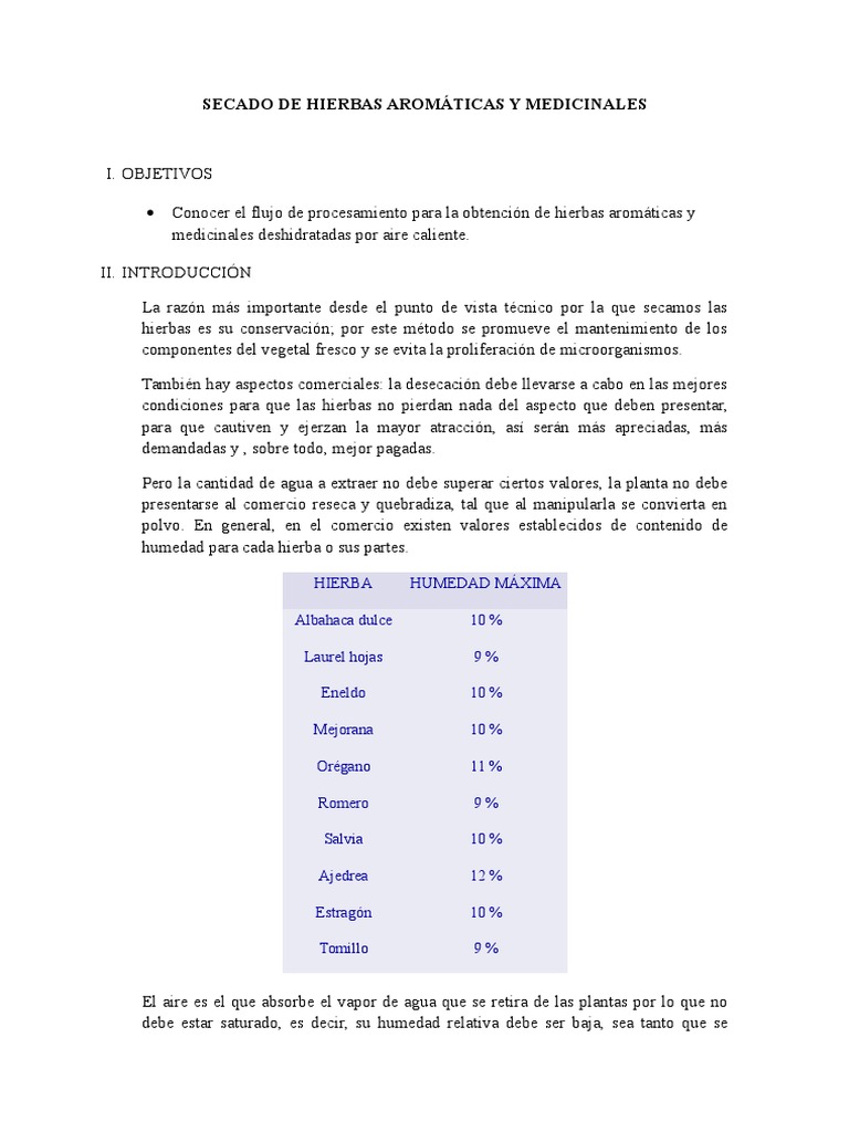 Secado De Hierbas Aromáticas Y Medicinales Pdf Evaporación Humedad