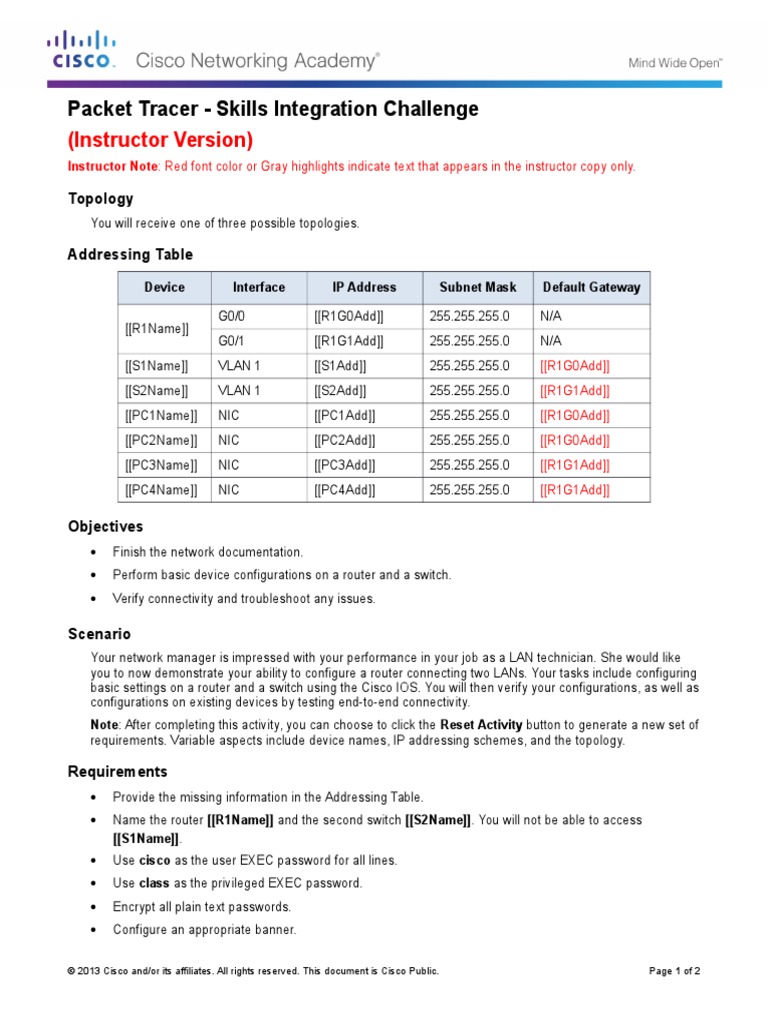 6.5.1.2 Packet Tracer Skills Integration Challenge Instructions IG | PDF | Router (Computing ...