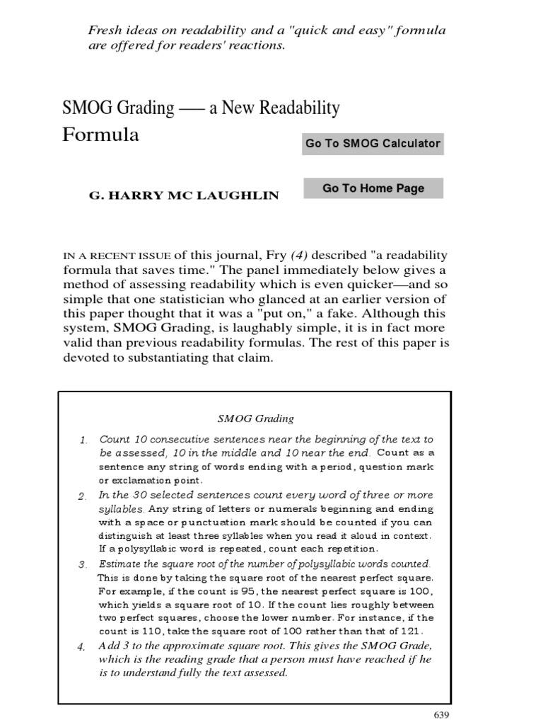 SMOG Readability Formula G. Harry McLaughlin (1969) | PDF | Linguistics ...