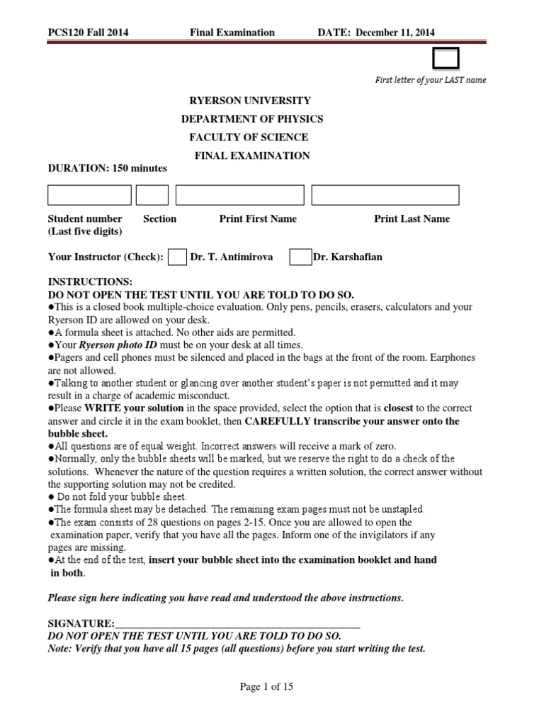 PCS120 F2014 Final Exam With Answers To Post | PDF | Collision | Force