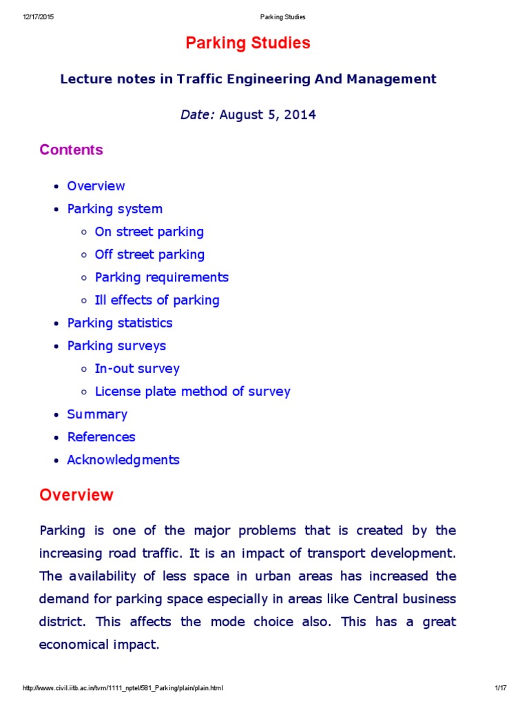 Parking Studies by Dr. Tom IIT Bombay | PDF | Parking | Street