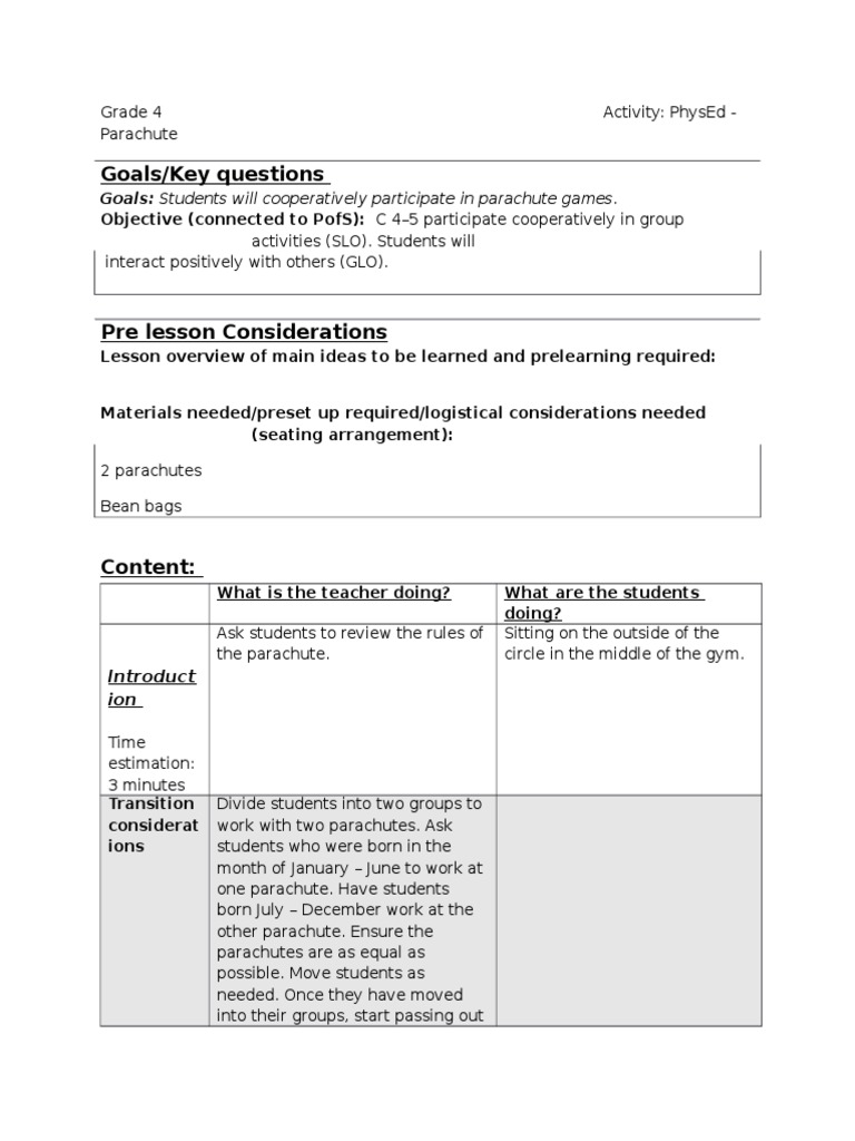 Parachute Games for Grade 4 PE | PDF | Parachute | Teaching