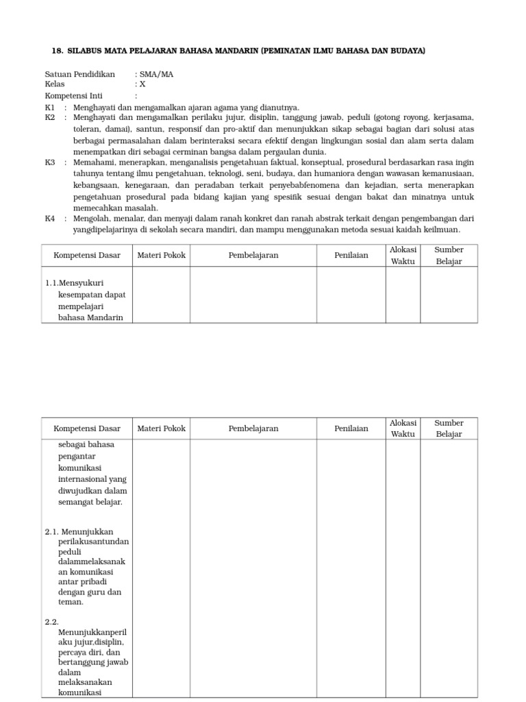 Silabus Bahasa Mandarin SMA Kelas X | PDF