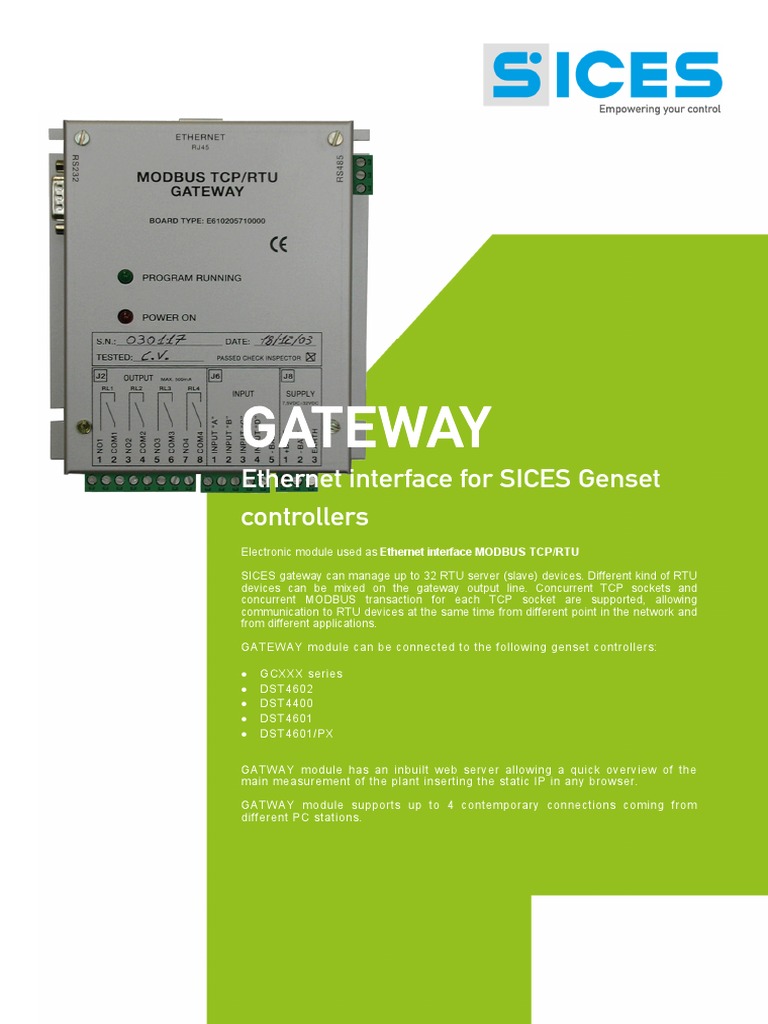 Gateway: Ethernet Interface For SICES Genset Controllers | PDF ...