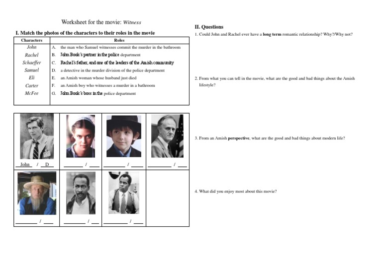 Witness Movie Character Worksheet | PDF | Mystery, Thriller & Crime Fiction