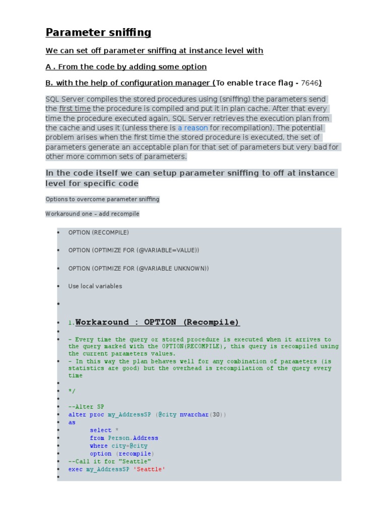 Parameter Sniffing | PDF | Microsoft Sql Server | Parameter (Computer Programming)