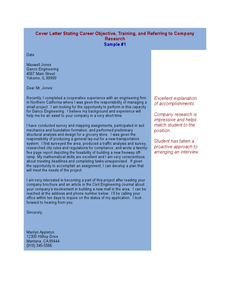 Cover Letter Stating Career Objective, Training, and Referring To ...