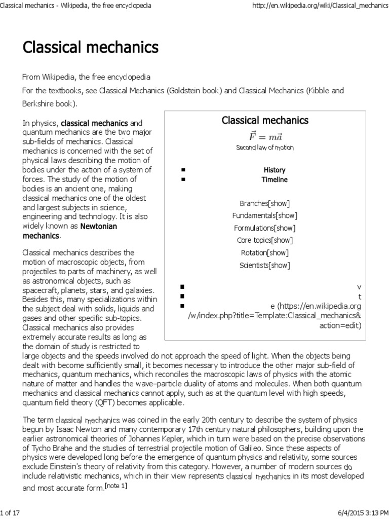 Classical Mechanics - Wikipedia, The Free Encyclopedia | Classical ...
