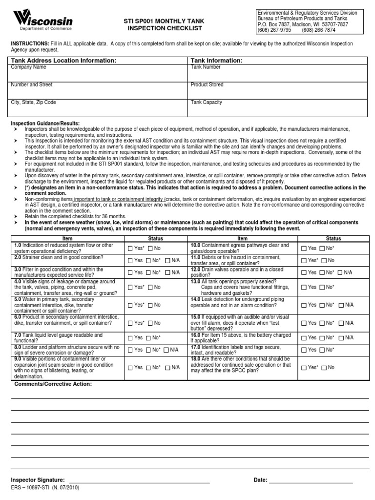 Sti Sp001 Monthly Tank Inspection Checklist: Comments/Corrective Action ...