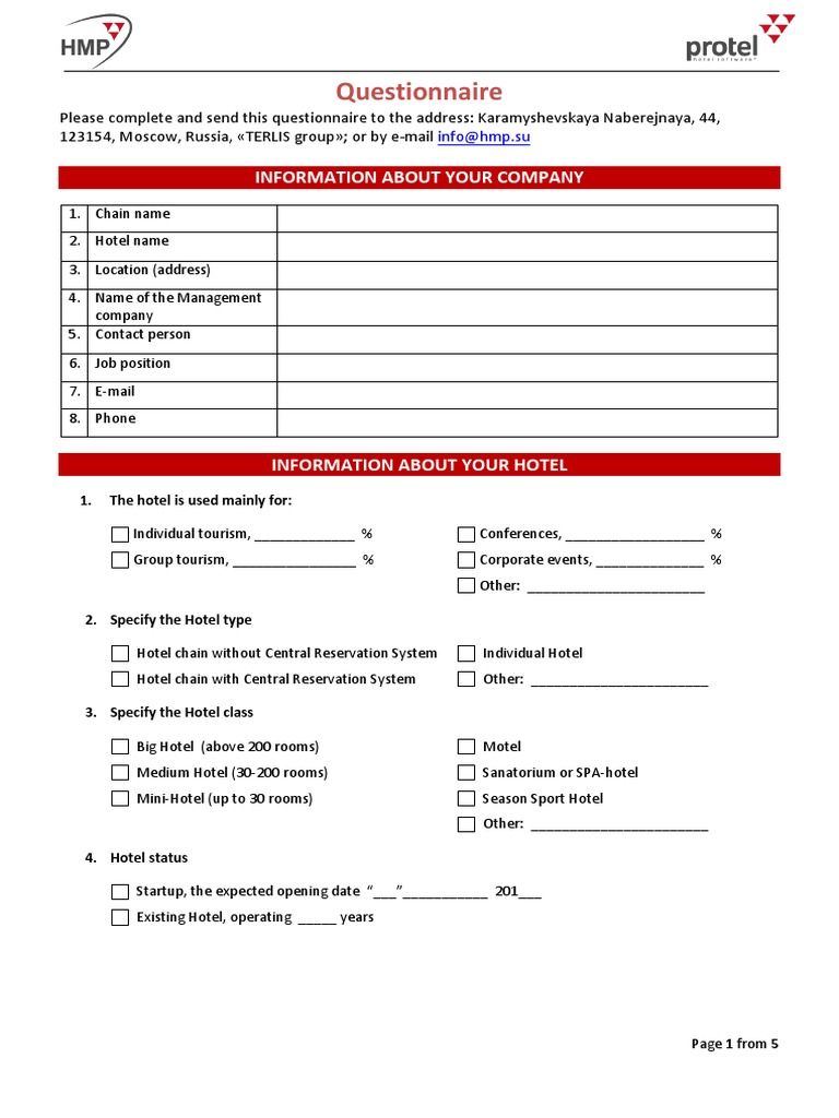 Hotel Management Questionnaire Template | PDF | Service Industries ...