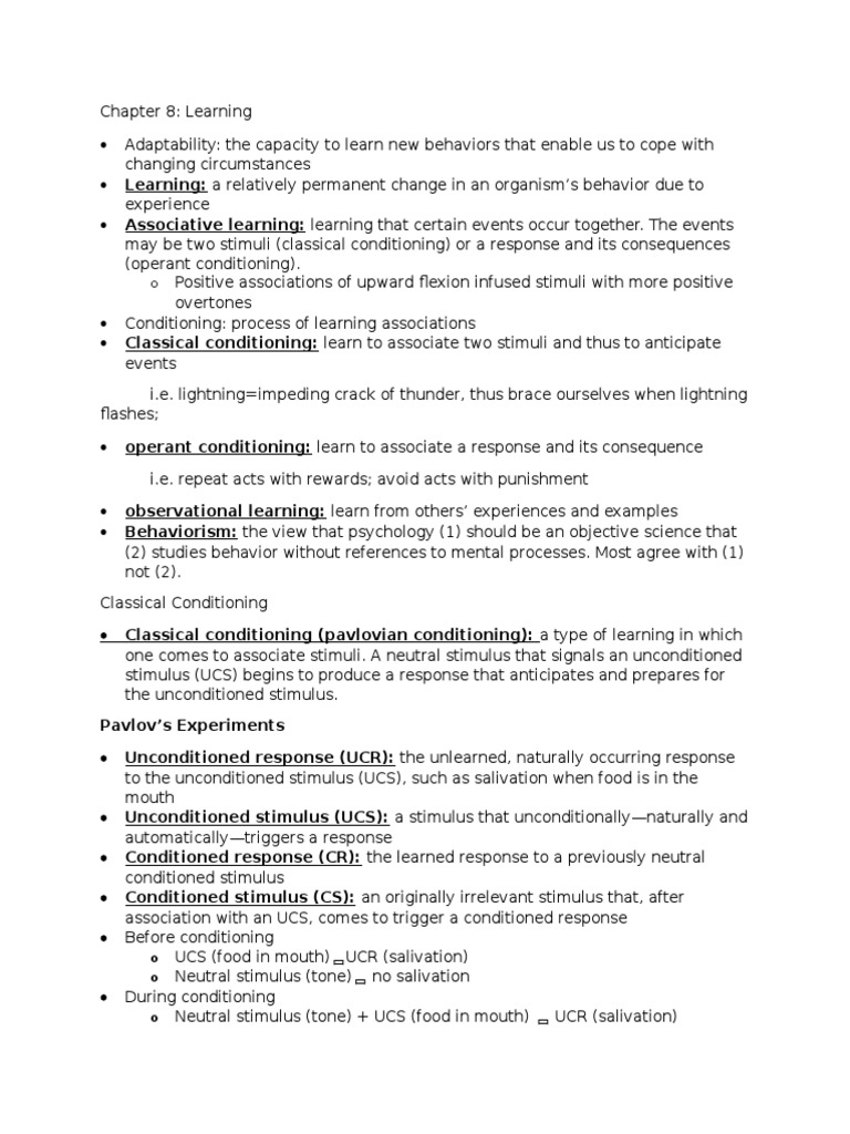 Chapter 8 Learning Outline | PDF | Classical Conditioning | Reinforcement