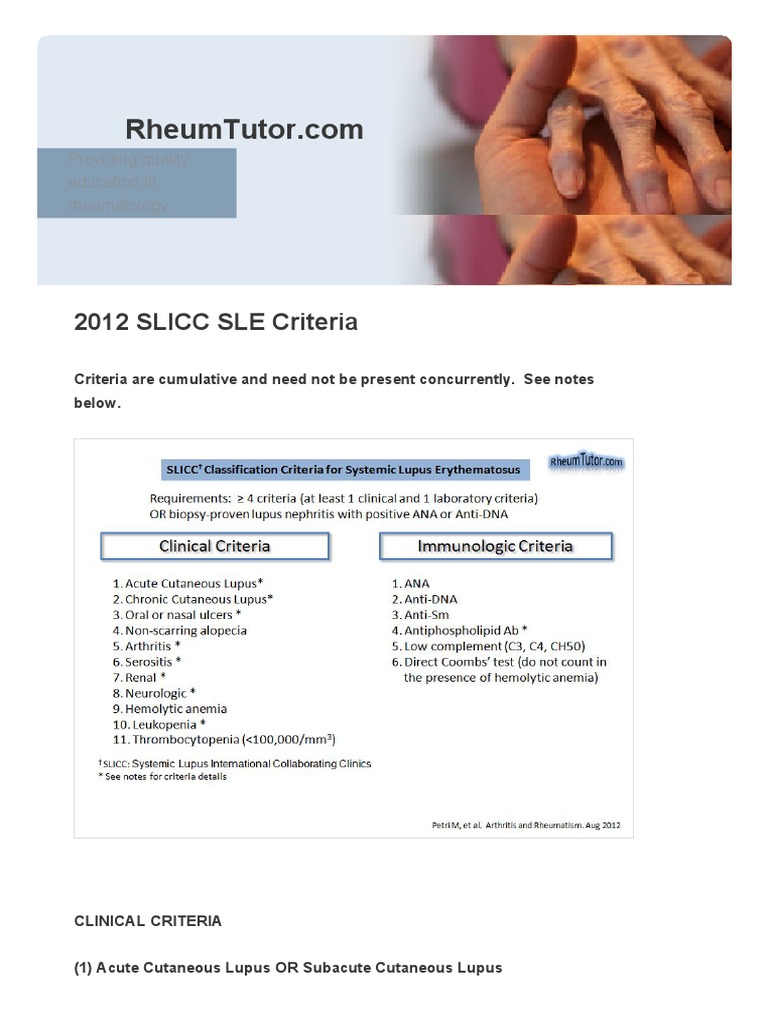 SLICC SLE Criteria - RheumTutor PDF | PDF | Systemic Lupus ...