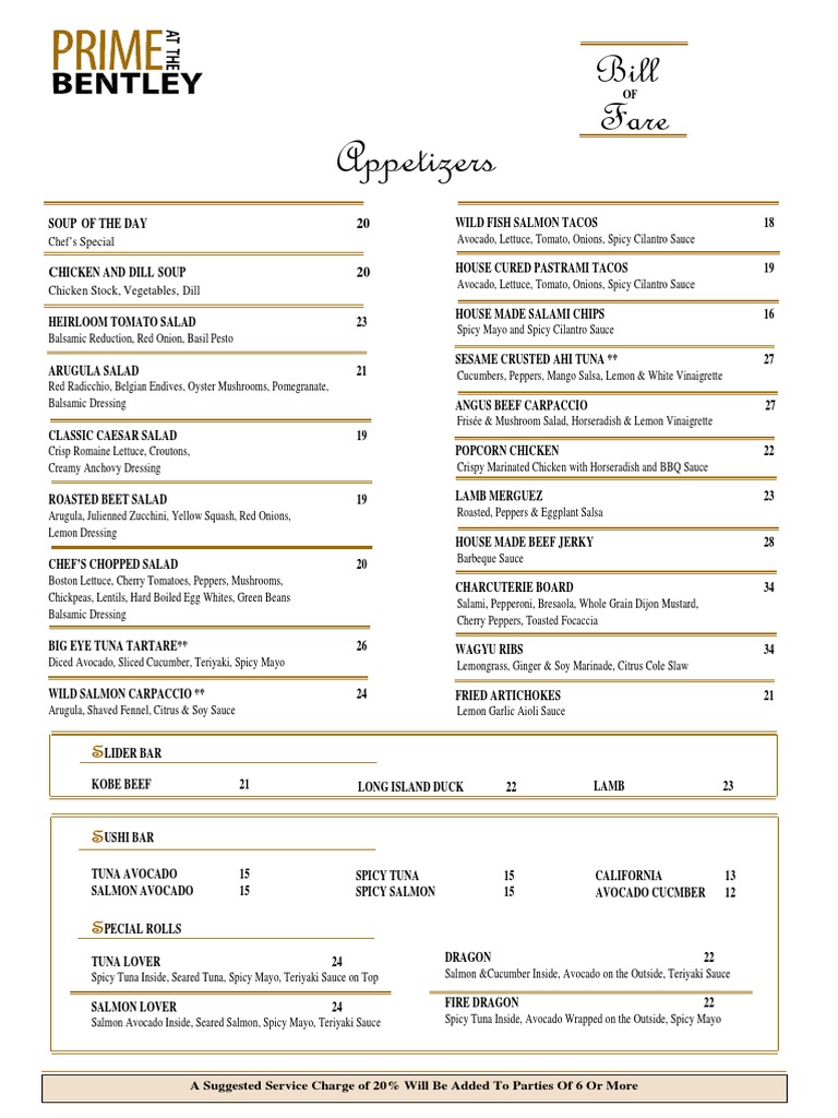 Bentley Dinner Menu 12.16.15 | PDF | Salad | Hamburgers