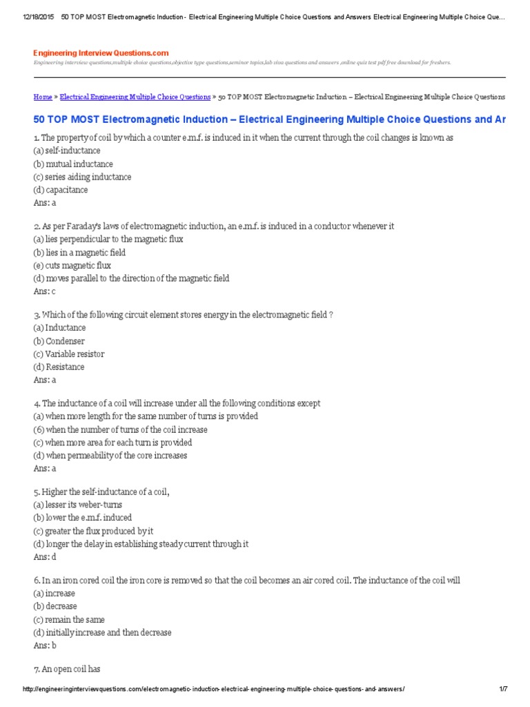 Top 50 MCQs on Electromagnetic Induction | PDF | Inductor | Inductance