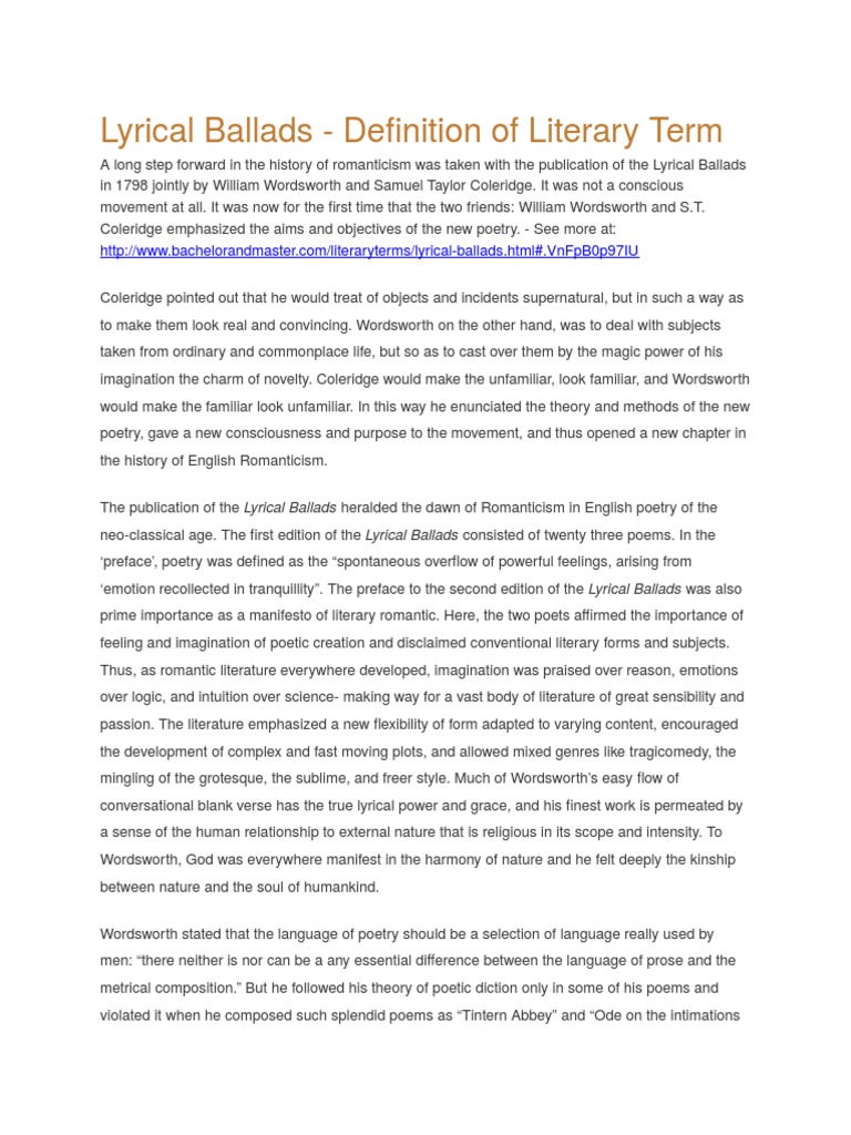 Lyrical Ballads - Definition of Literary Term | PDF | Romanticism ...