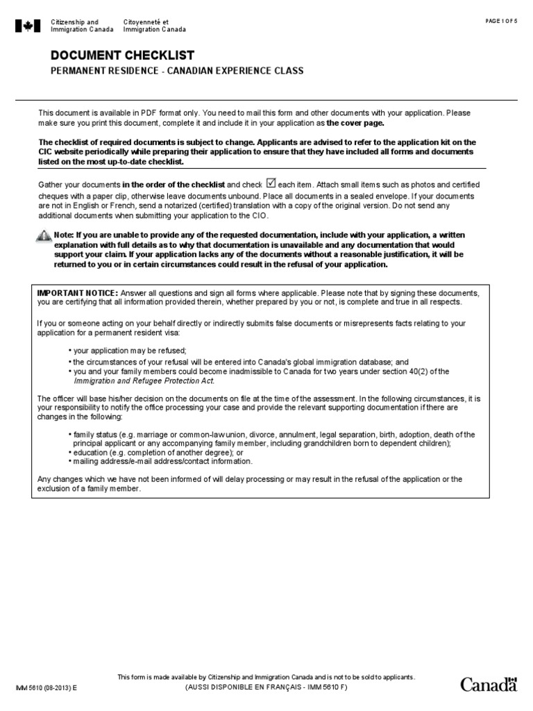 Document Checklist: Permanent Residence - Canadian Experience Class ...