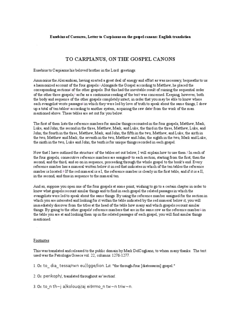 Eusebius of Caesarea, Letter To Carpianus On The Gospel Canons | PDF ...