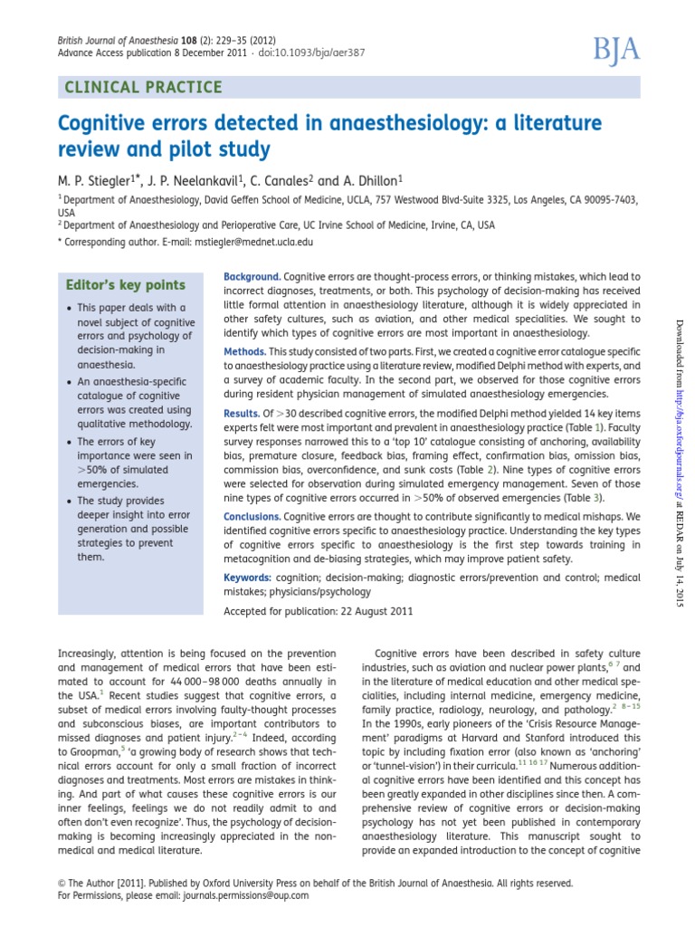 Cognitive Errors in Anesthesiology 21 | PDF | Metacognition | Medical ...