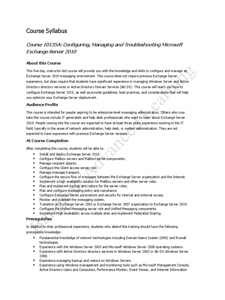 Excahnge Server Courese Details PDF | PDF | Microsoft Exchange Server ...