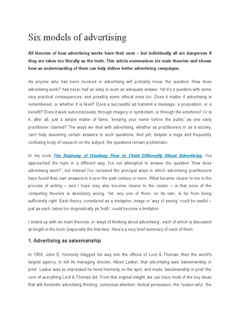 Six Models of Advertising | PDF | Advertising | Theory