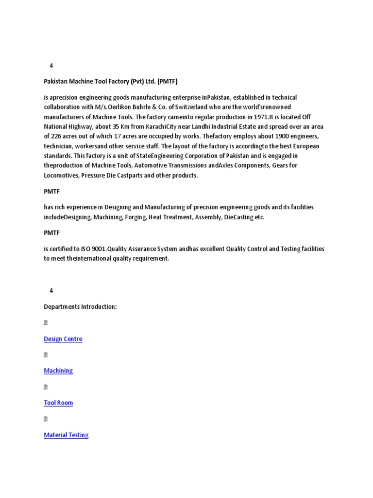 Pakistan Machine Tool Factory (PVT) Ltd. (PMTF) : Design Centre | PDF ...