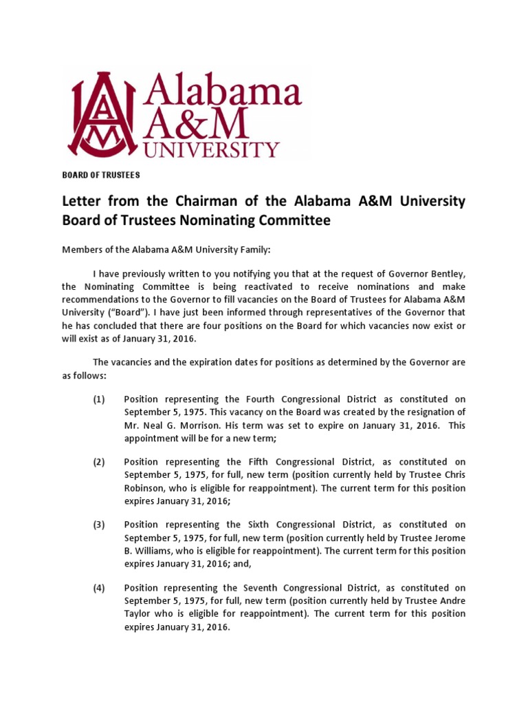 Alabama A&M Trustee Nomination Letter | Download Free PDF | United ...