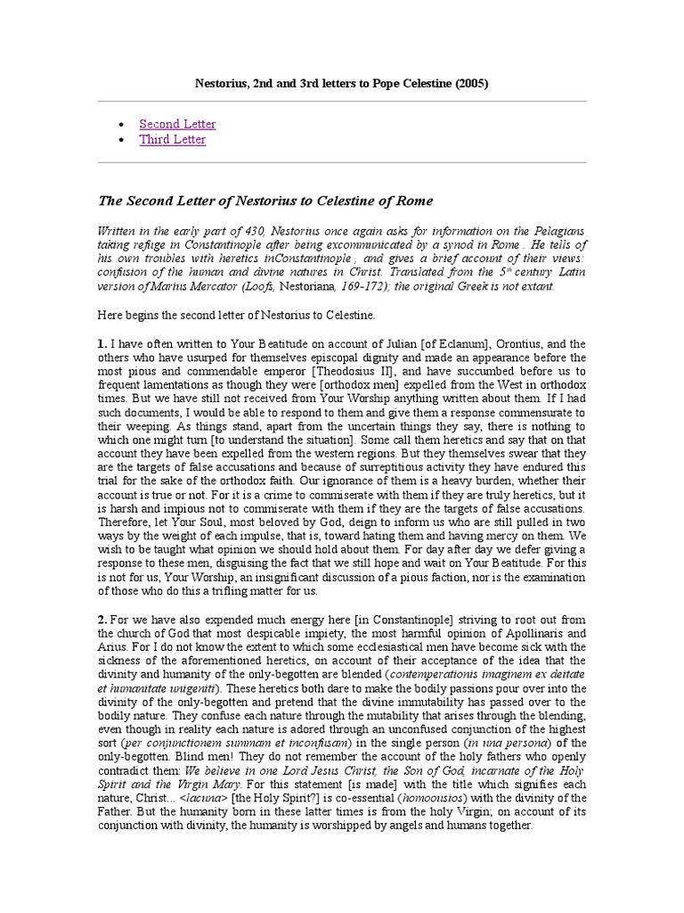 Nestorius, 2nd and 3rd Letters To Pope Celestine | PDF
