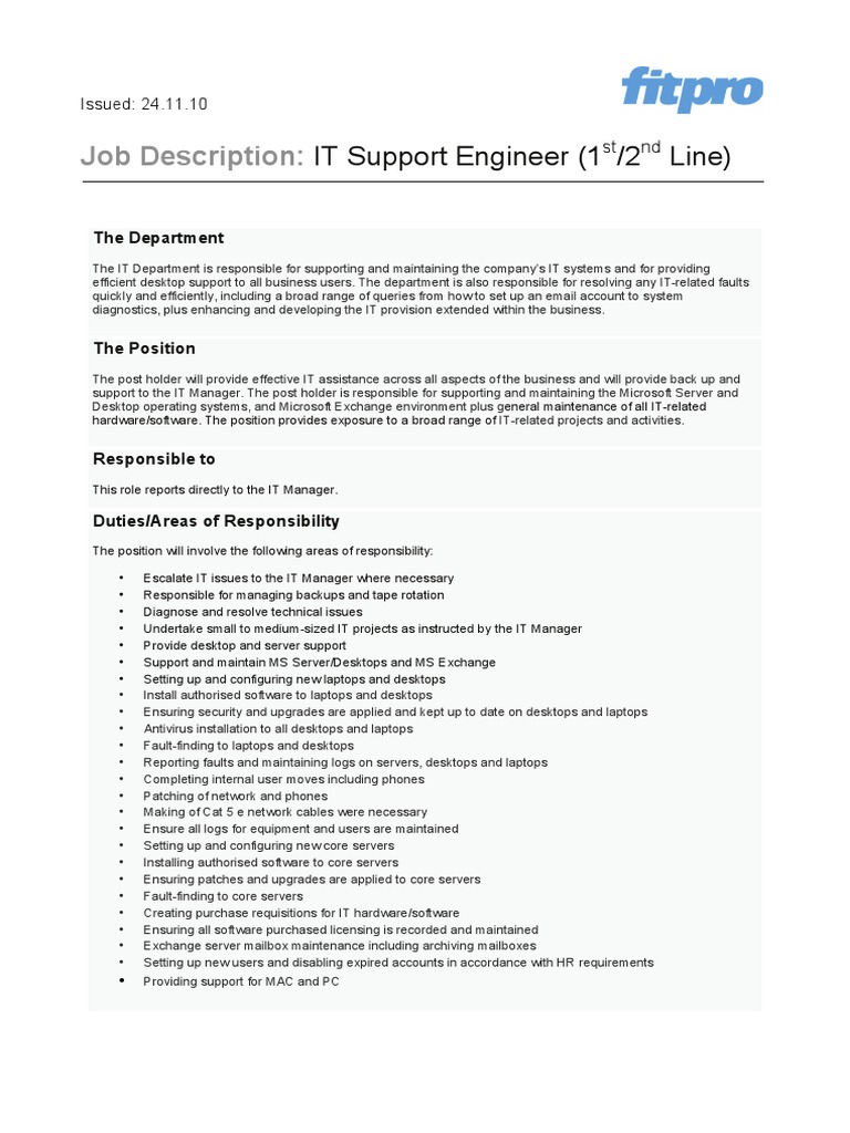 IT Support Engineer - Job Description | PDF | Desktop Computer ...