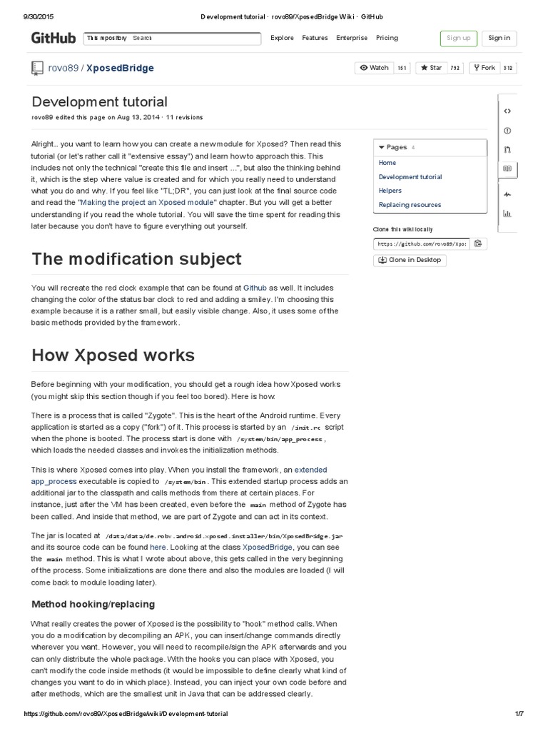 Development Tutorial Rovo89 - XposedBridge Wiki GitHub PDF | PDF | Method (Computer Programming ...