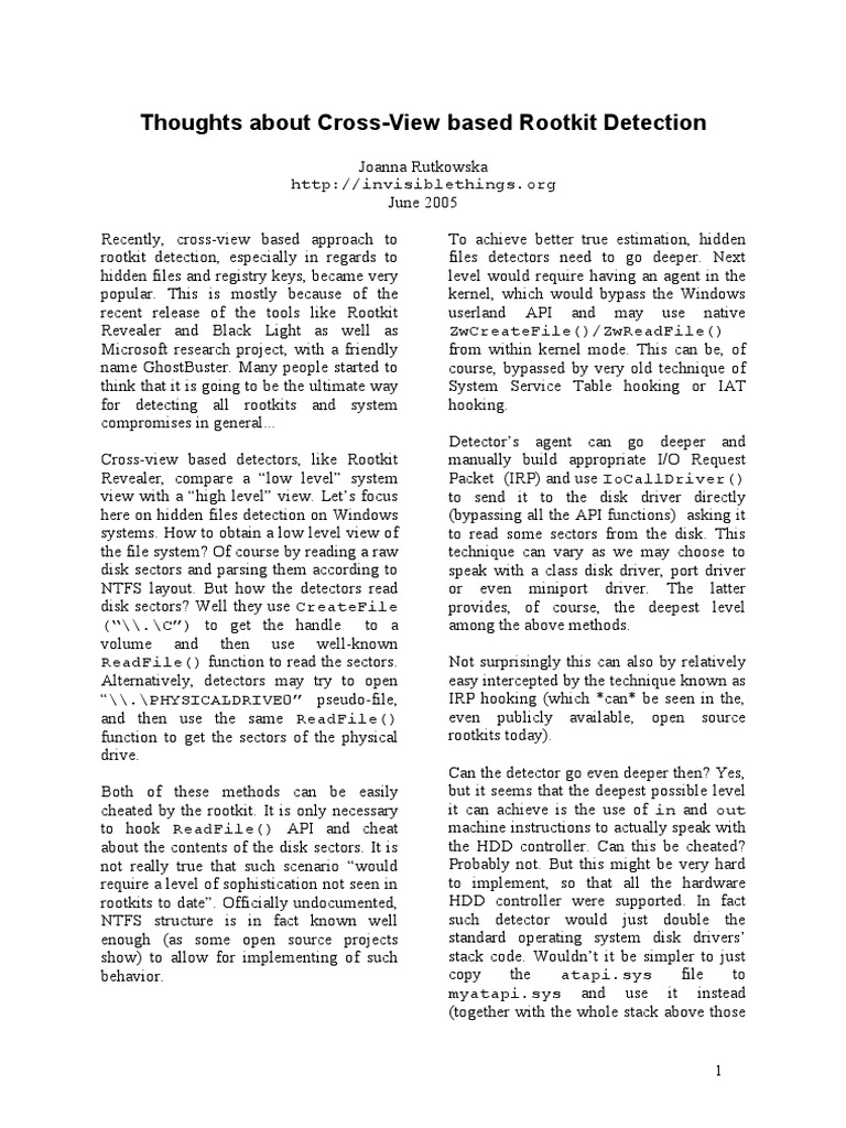 Thoughts About Cross View Based Rootkit Detection Pdf Malware Operating System Technology