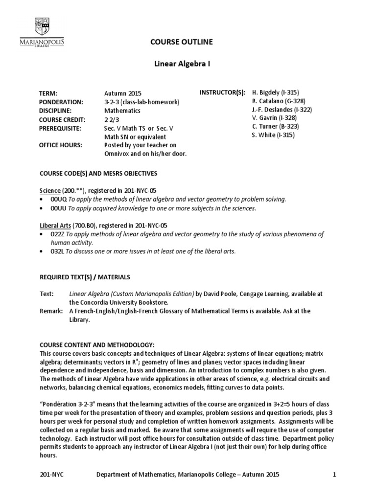 Linear Algebra I Course Outline 2015 | PDF | Matrix (Mathematics ...