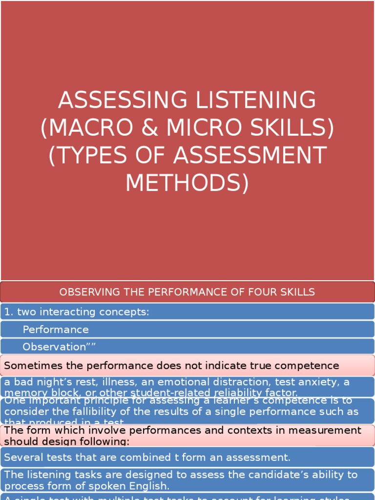 Assessing Listening (Macro & Micro Skills) (Types of Assessment Methods ...