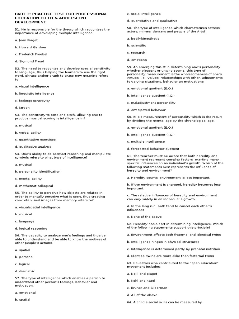 Child & Adolescent Development Practice Test | PDF | Intelligence ...