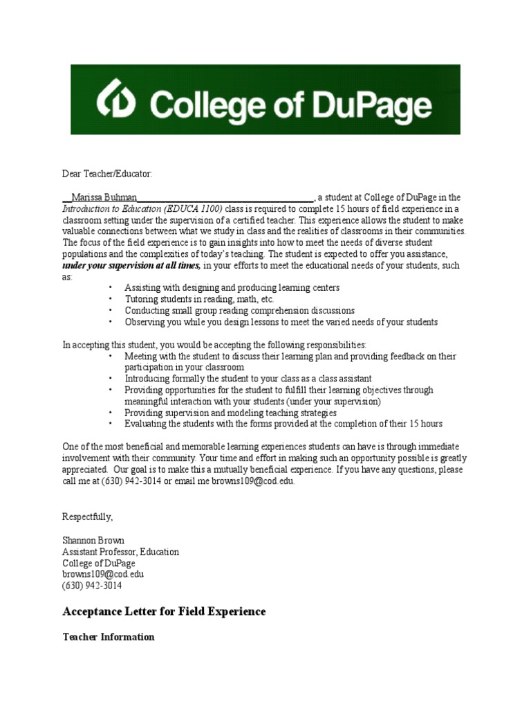 Field Experience Acceptance Letter | PDF | Sharing | Teachers