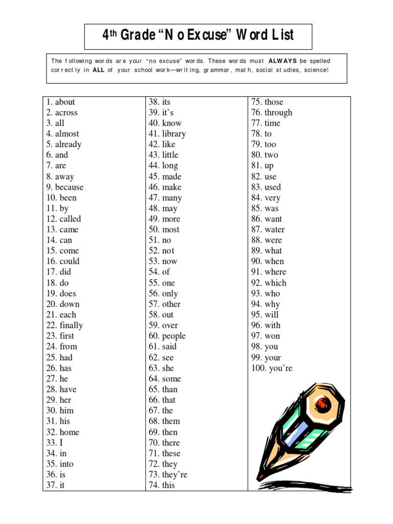 4th Grade No Excuse Word List | PDF | Language Arts & Discipline