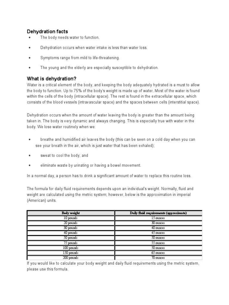 Dehydration Facts: Body Weight Daily Fluid Requirements (Approximate ...