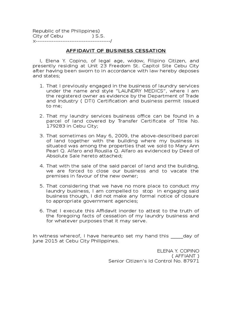 Affidavit of Business Closure | PDF | Finance & Money Management ...