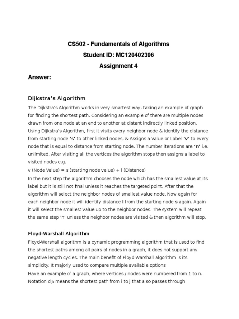 CS502 - Fundamentals of Algorithms Student ID: MC120402396 Assignment 4 ... CS502 - Fundamentals of Algorithms Student ID: MC120402396 Assignment 4 ...