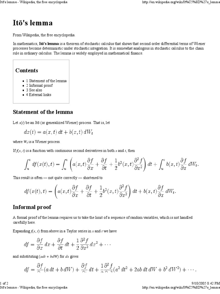 Ito's Lemma | PDF | Stochastic Process | Analysis
