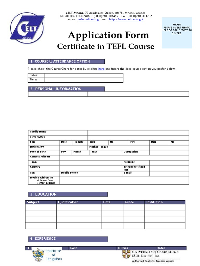 Application Form: Certificate in TEFL Course | PDF | Wire Transfer | Fee