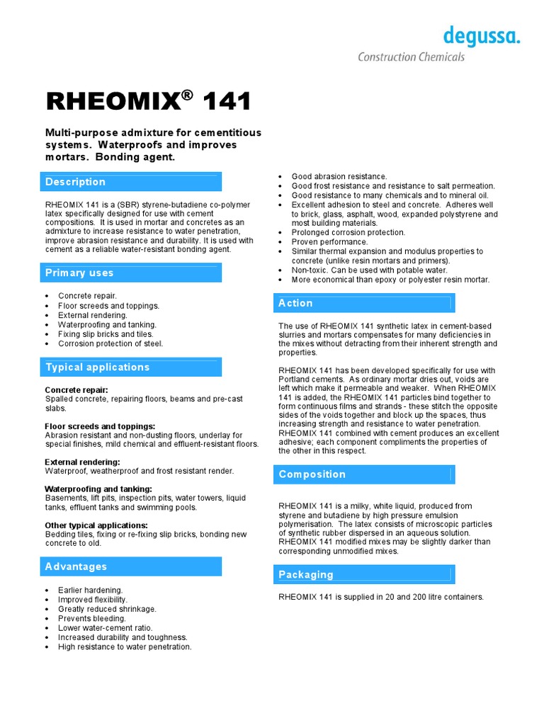 TDS - Rheomix 141 | PDF | Concrete | Mortar (Masonry)