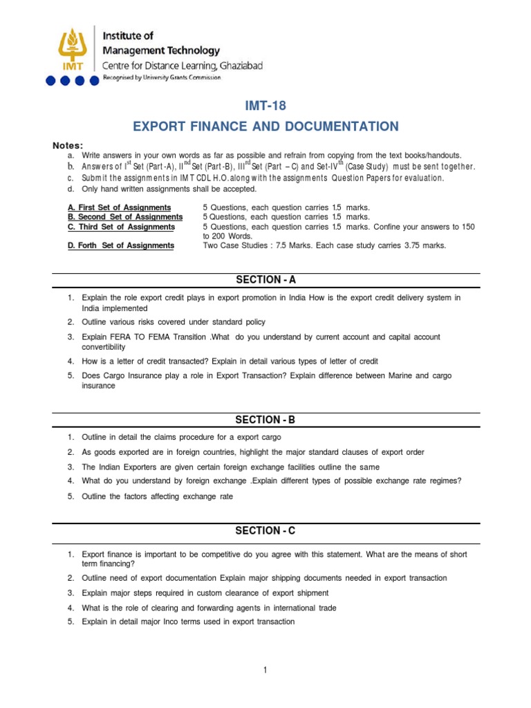 IMT-18 Export Finance and Documentation: Notes | PDF | Exports ...